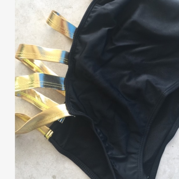 yesitsavailable | Swim | Metallic Gold Straps Black Halter One Piece ...